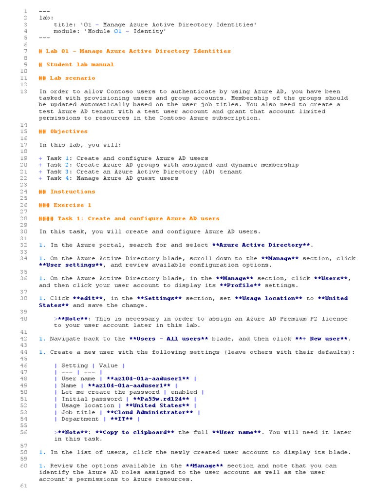 # Lab 01 - Manage Azure Active Directory Identities # Student Lab Manual ## Lab Scenario | PDF ...