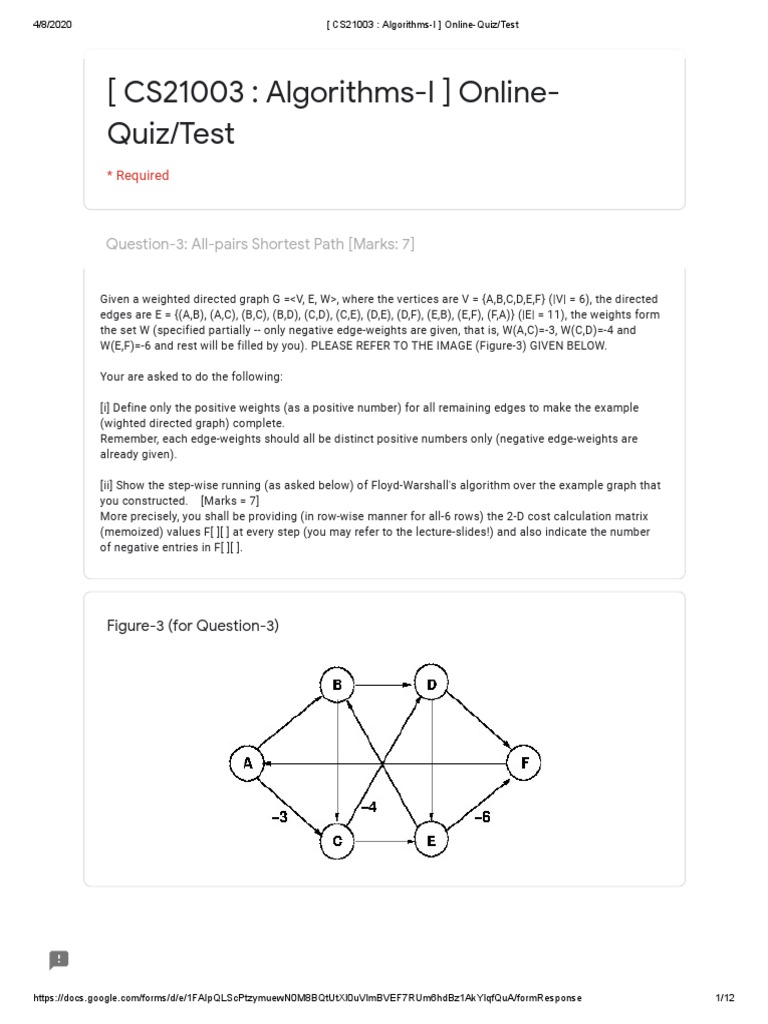 Cs21003 Algorithms I Online Quiz Test Question 3 All Pairs Shortest Path Marks 7 Pdf