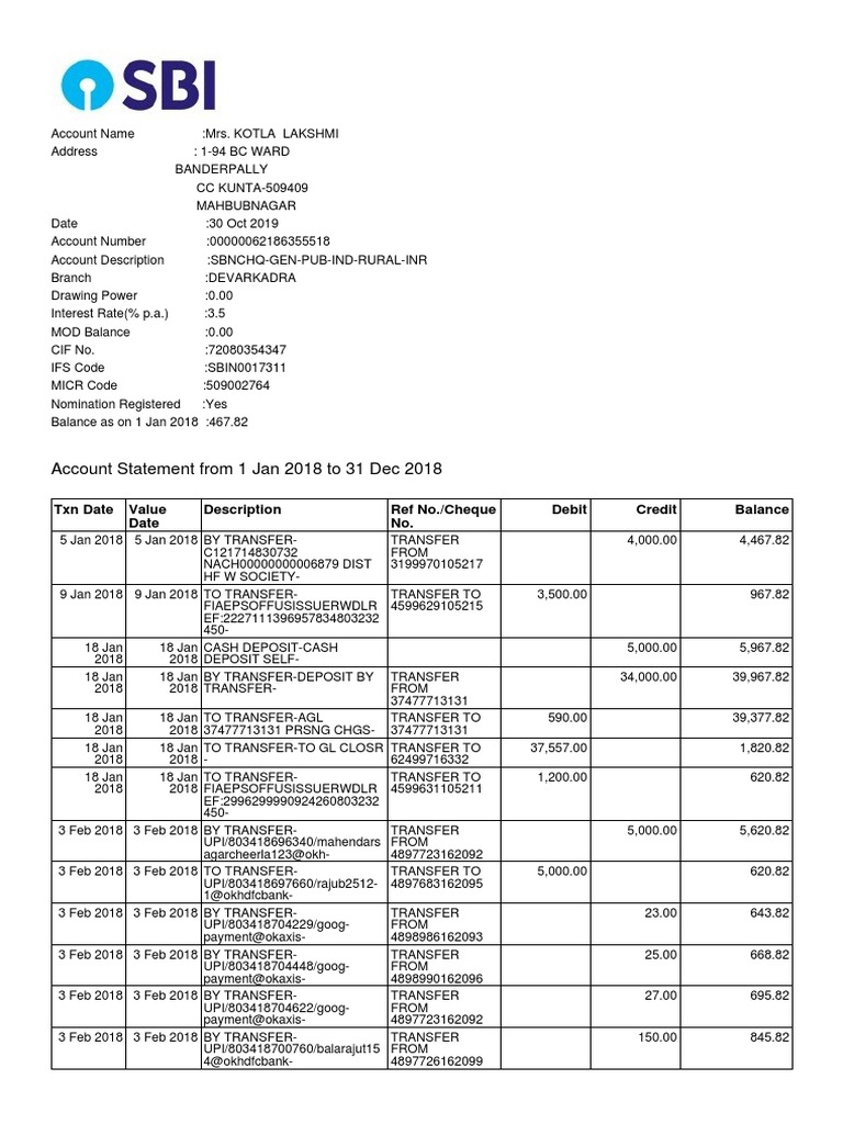 Rural Account Statement 2018 | PDF | Reserve Bank Of India | Debit Card