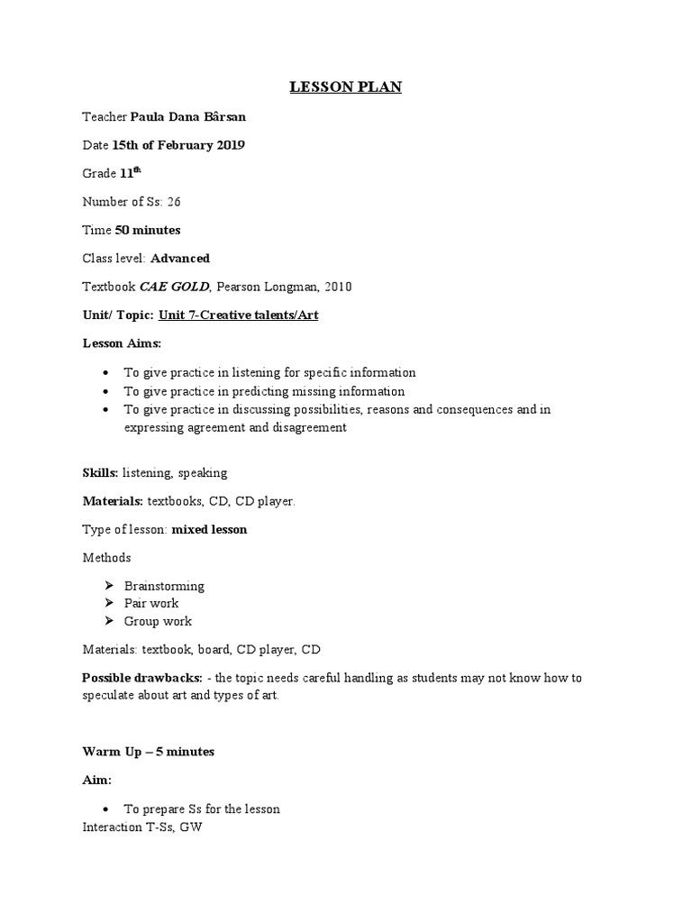 Advanced Art Lesson Plan for Grade 11 | PDF | Lesson Plan | Cognition