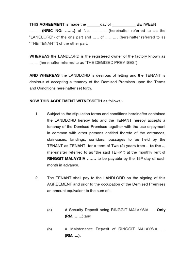 Sample Tenancy Agreement - Factory PDF | PDF | Leasehold Estate | Landlord