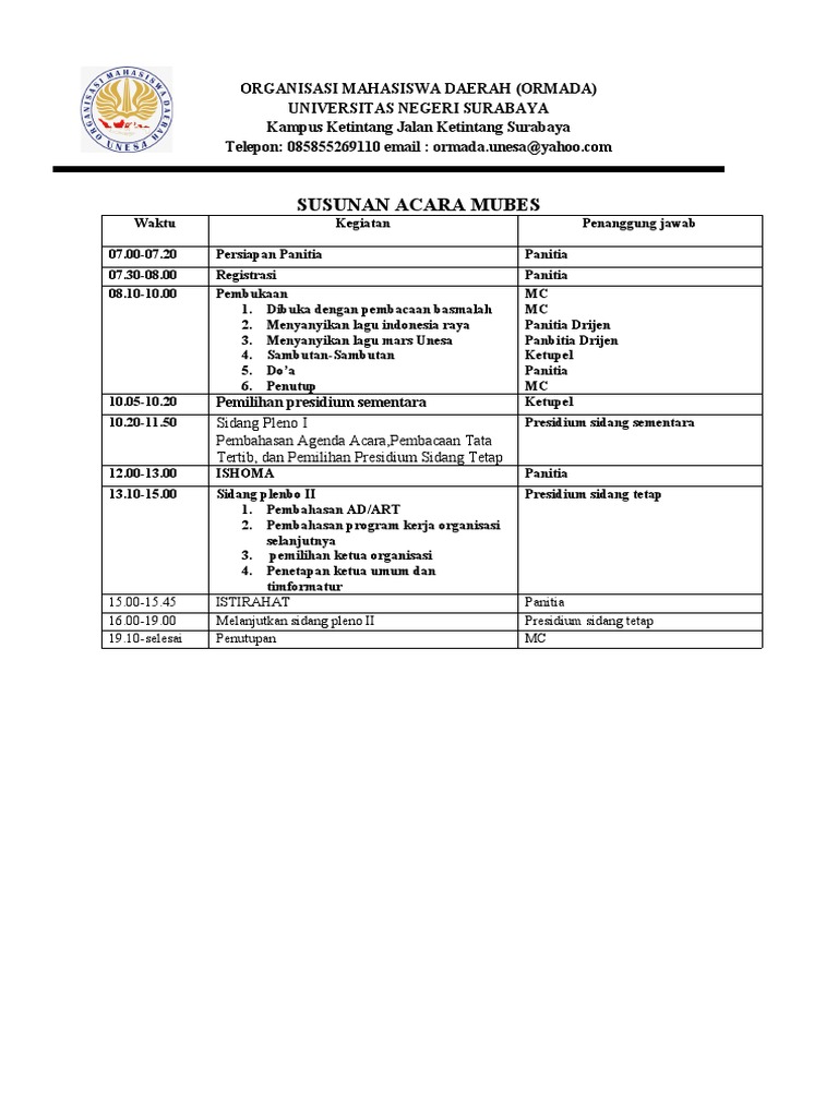 Susunan Acara Mubes Ormada Unesa 2019 | PDF
