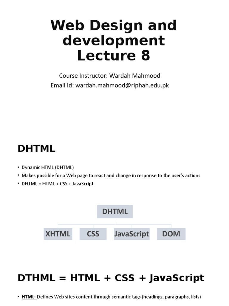 Web Design and Development Lecture 9 A - JavaScript Basics | PDF | Dynamic Html | Java Script