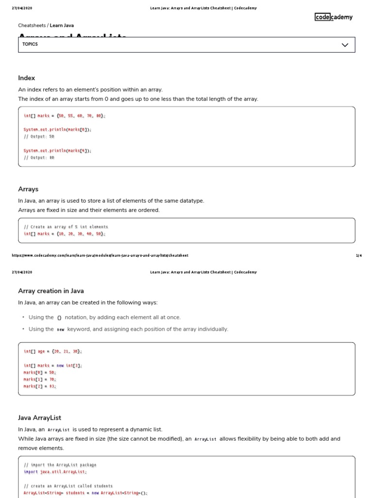 Learn Java Arrays And Arraylists Cheatsheet Codecademy Pdf Pdf Array Data Structure 1199