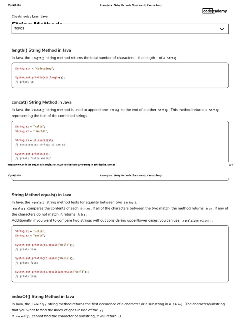 Learn Java - String Methods Cheatsheet - Codecademy PDF | PDF | String (Computer Science ...