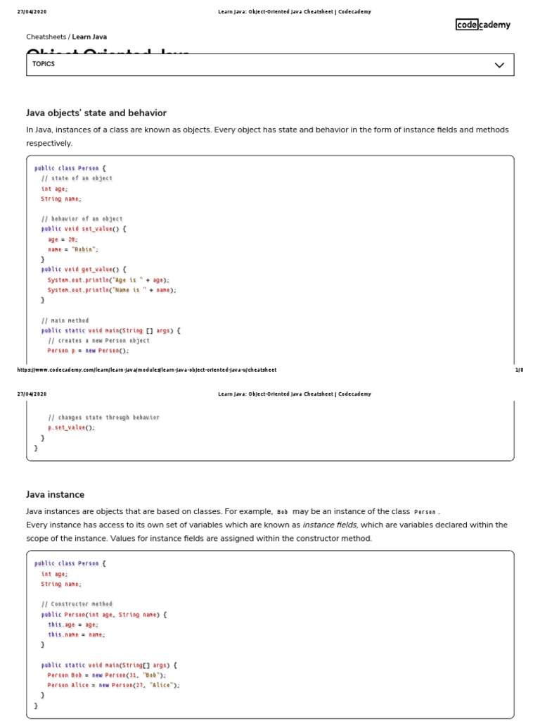 Learn Java - Object-Oriented Java Cheatsheet - Codecademy PDF | PDF ...