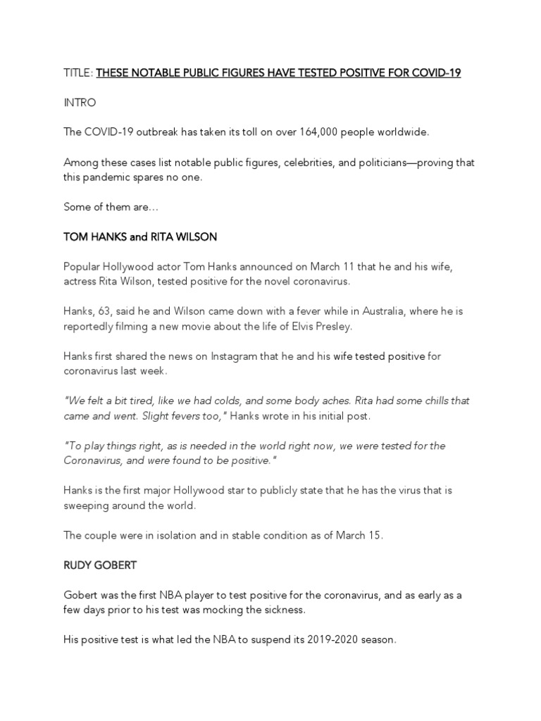 These Notable Public Figures Have Tested Positive For Covid-19 | PDF ...