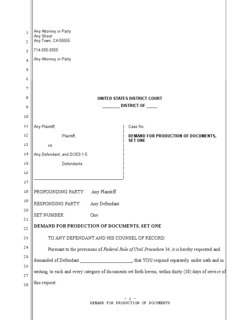 Sample Request For Documents Under Federal Rule of Civil Procedure 34 ...