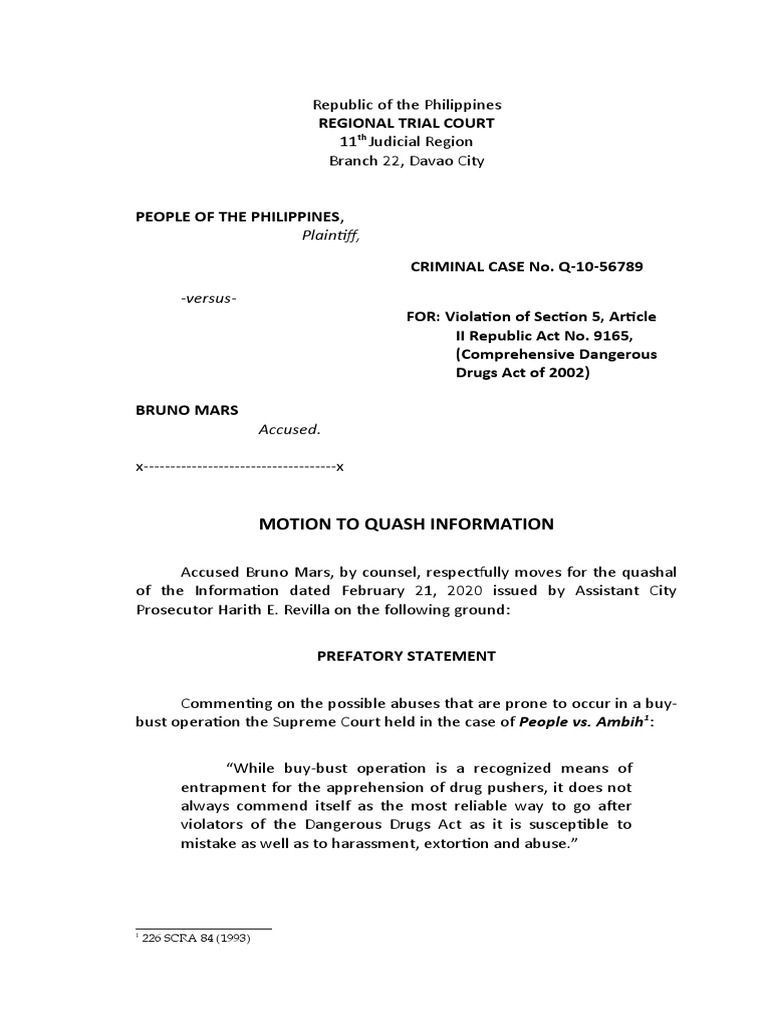 Motion To Quash Information | PDF | Search Warrant | Arrest