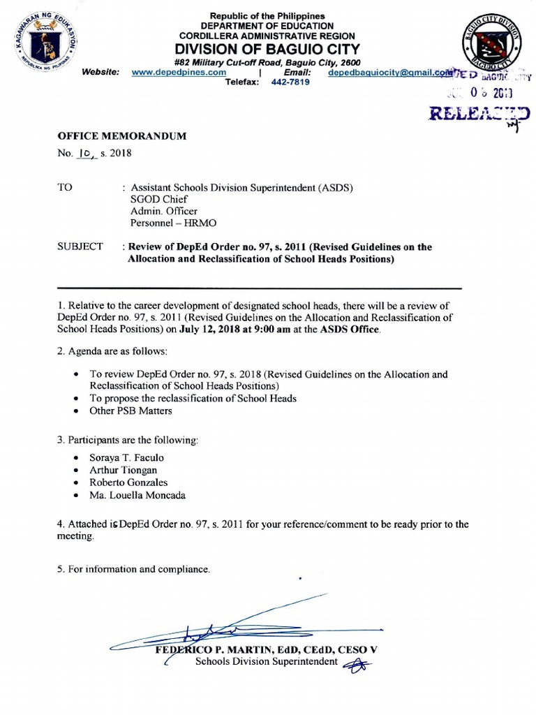 Office Memo No. 10 S. 2018 Review of DepEd Order No. 97 S. 2011 | PDF