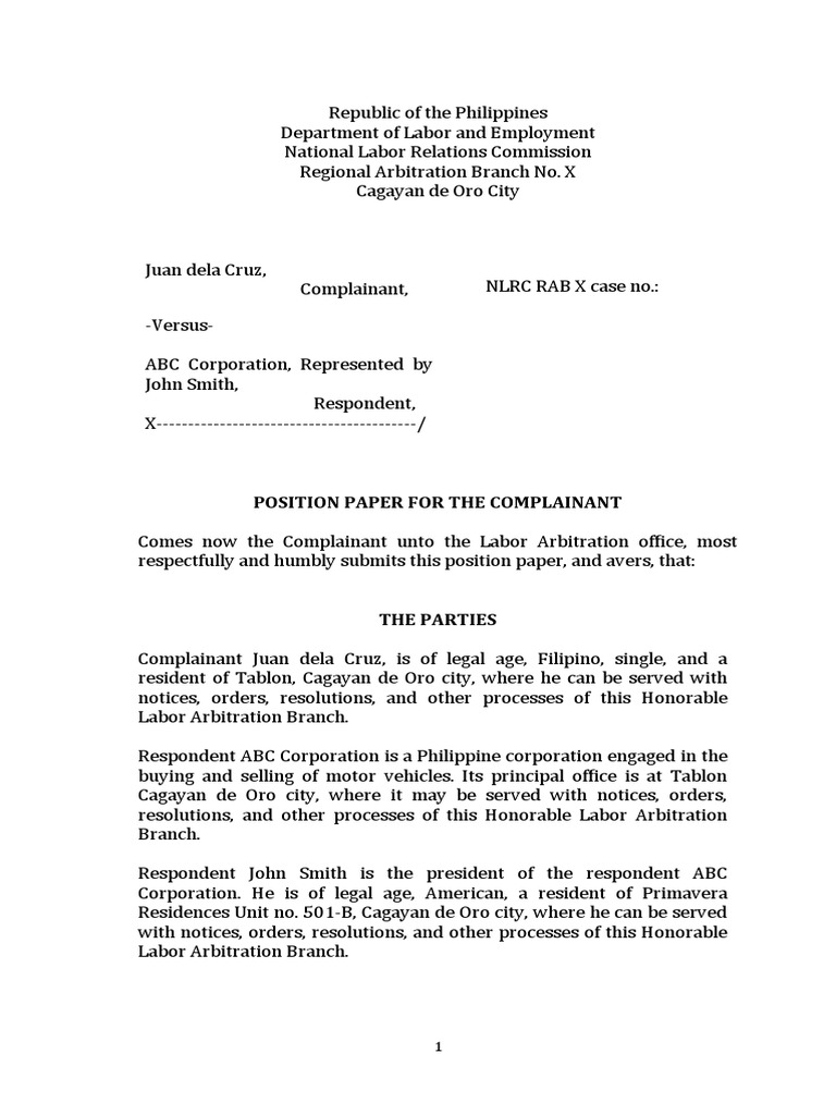 Position Paper For The Complainant | PDF | Employment | Mediation