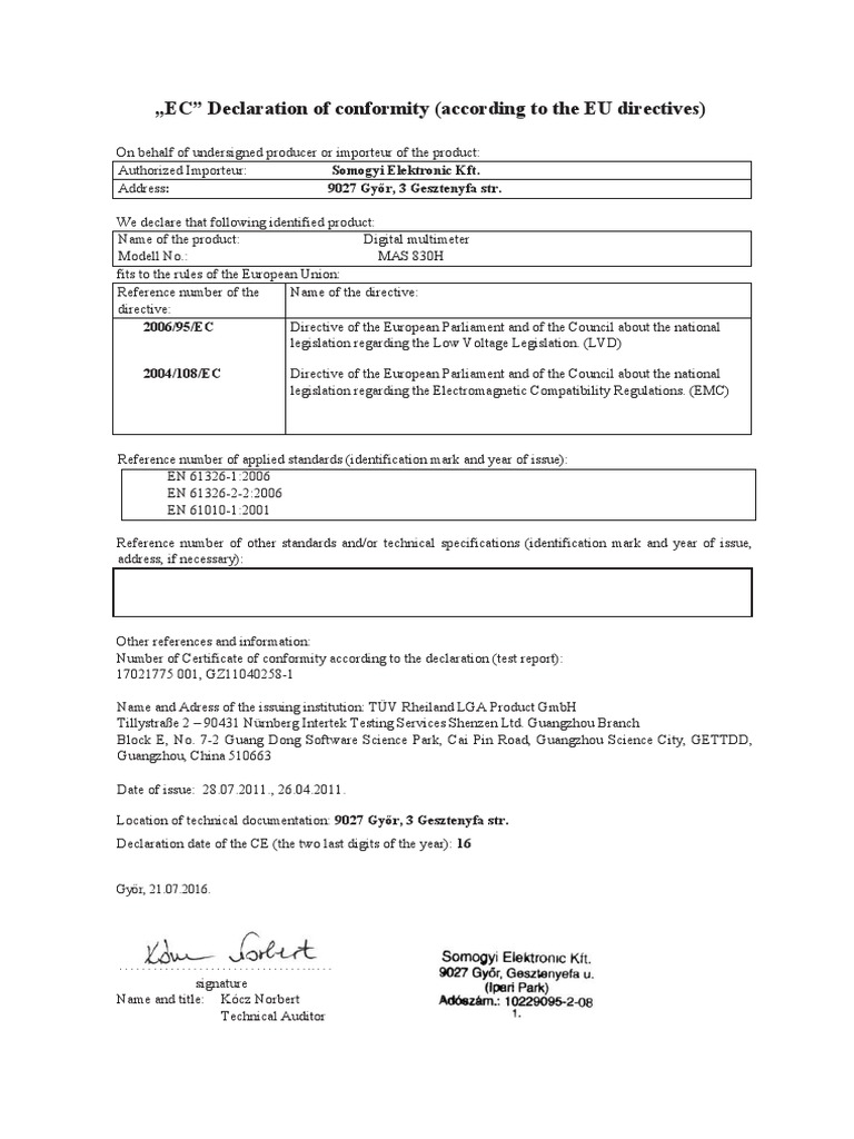 EC" Declaration of Conformity (According To The EU Directives) | PDF ...