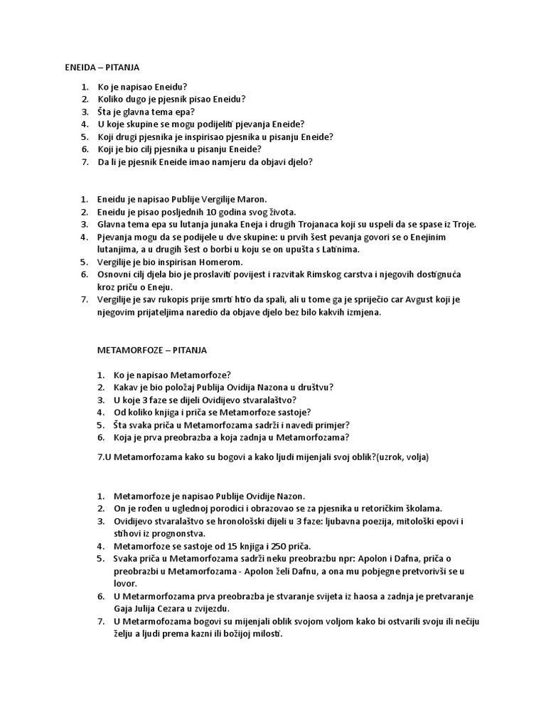 Eneida Metamorfoze Pitanja | PDF