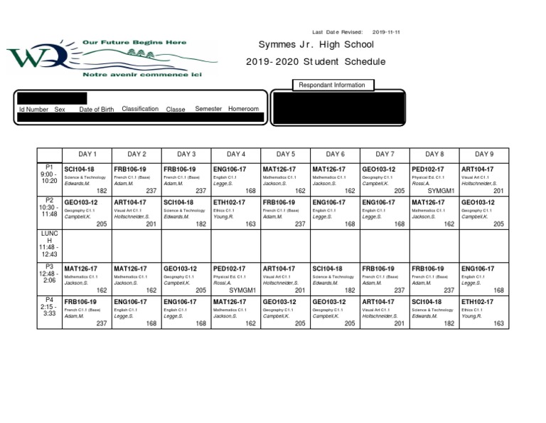 2019-2020 Student Schedule: Symmes Jr. High School | PDF | Science