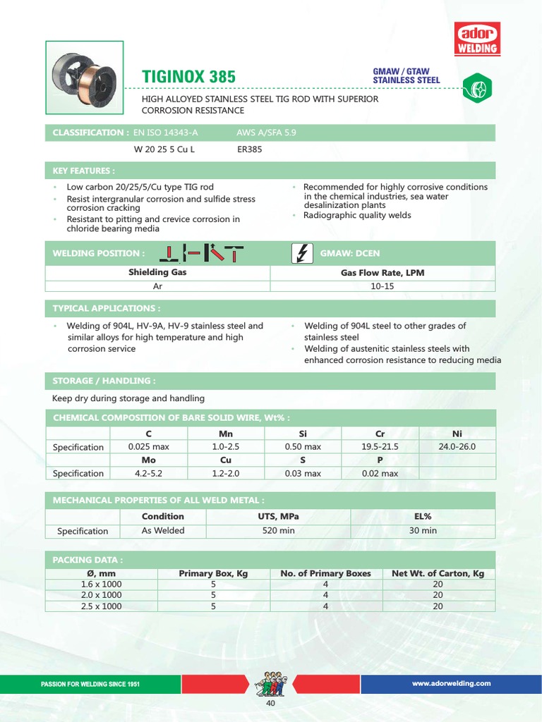 Tiginox 385: Classification: En Iso 14343-A | Stainless Steel | Corrosion