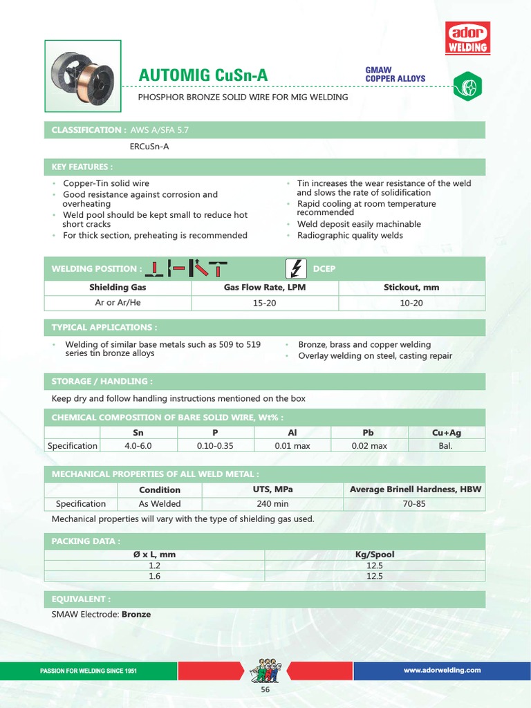 Automig Cusn-A: Classification: Aws A/Sfa 5.7 | PDF | Welding ...
