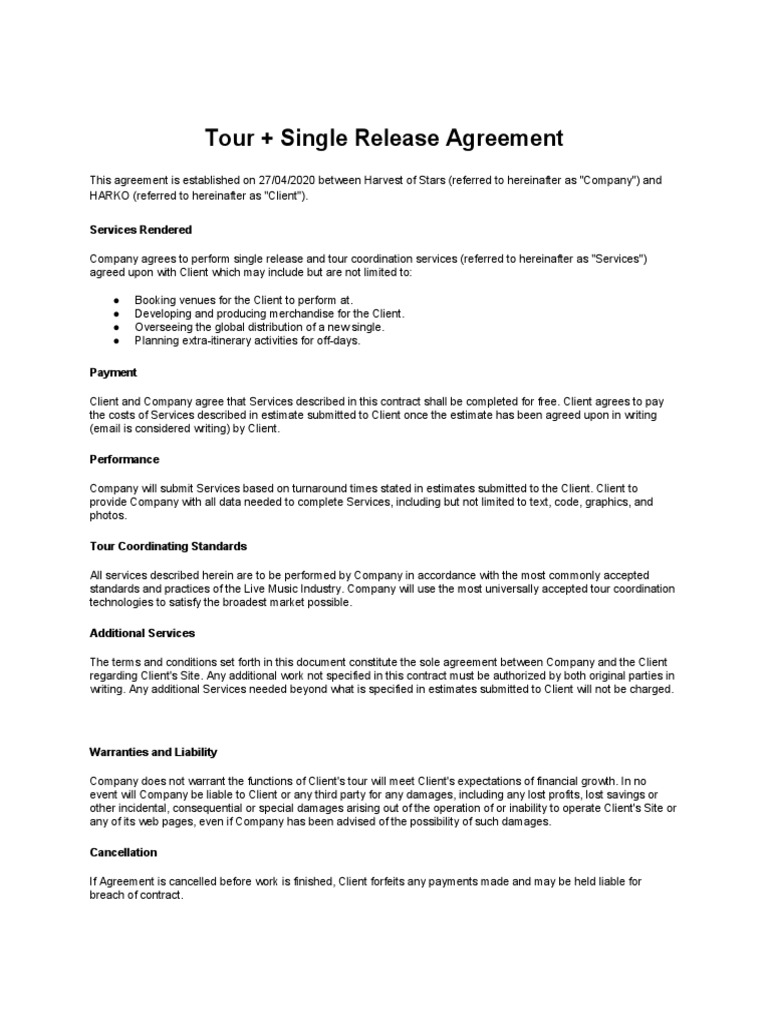 Tour Single Release Agreement | PDF | Damages | Contract Law