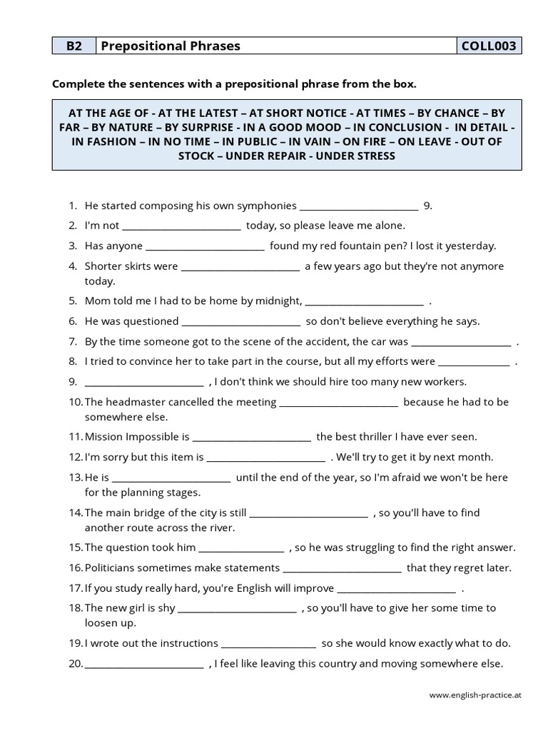 B2 Prepositional Phrases COLL003: WWW - English-Practice - at | PDF