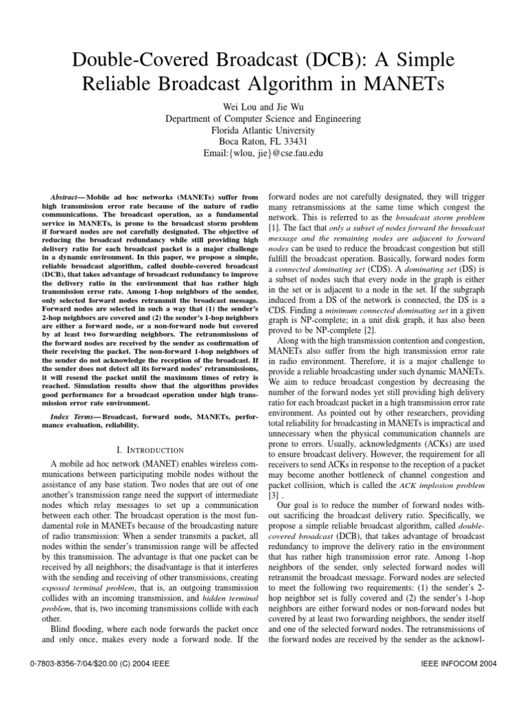 Double-Covered Broadcast (DCB): A Reliable Broadcasting Algorithm Using ...