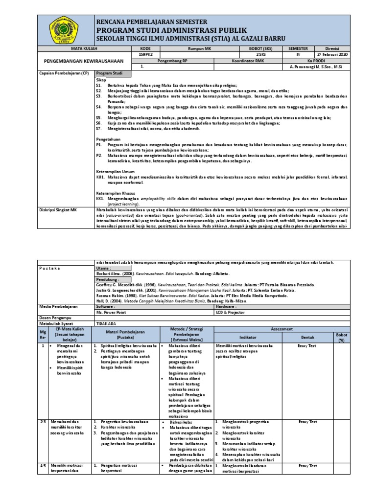 SEMESTER 4 - RPS Pengembangan Kewirausahaan | PDF