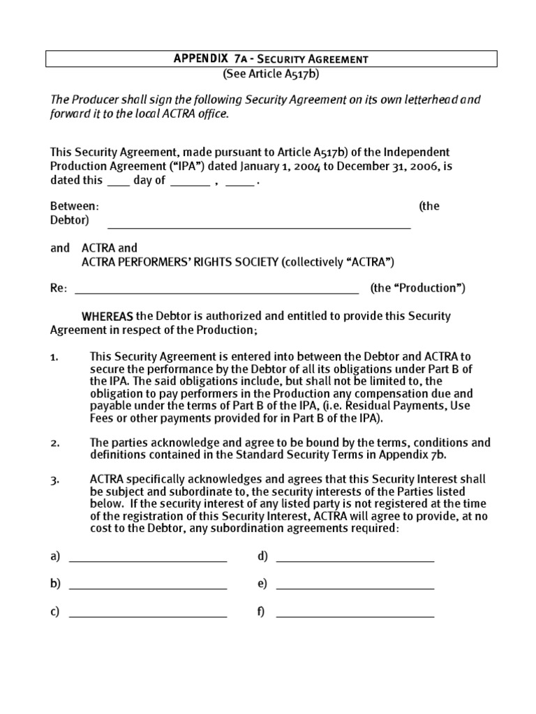ACTRA Security Agreement Template | PDF | Security Interest | Law And ...