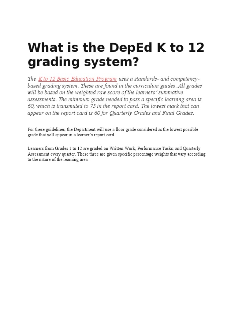 What Is The DepEd K To 12 Grading System | PDF