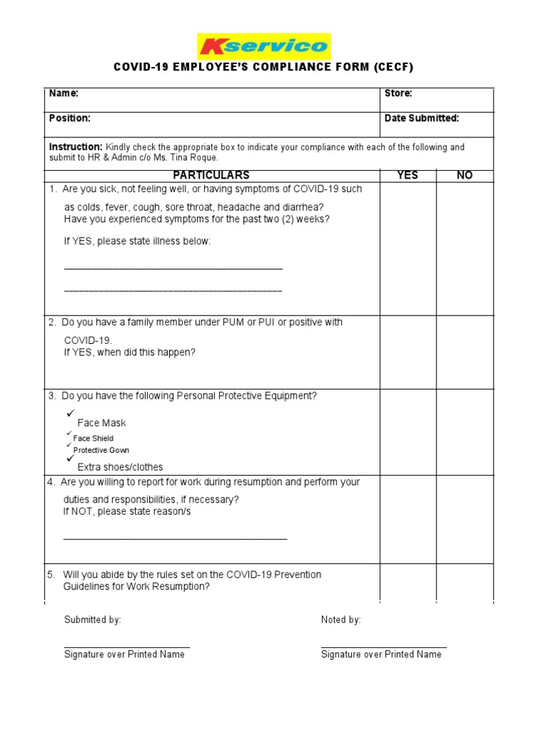 Covid-19 Employee Compliance Form | PDF