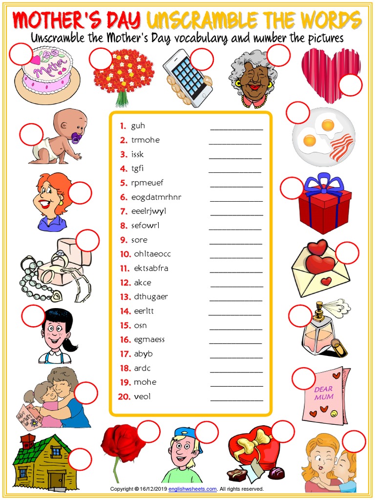 Mothers Day Vocabulary Esl Unscramble The Words Worksheet For Kids | PDF
