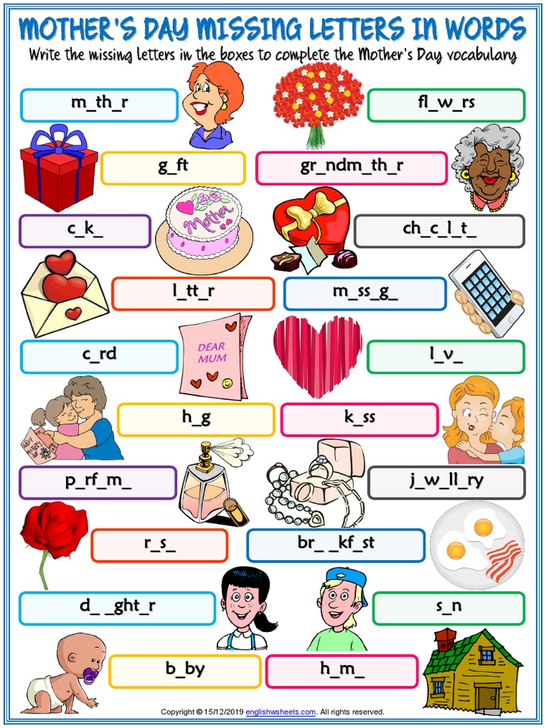 Mothers Day Vocabulary Esl Missing Letters in Words Worksheet For Kids ...