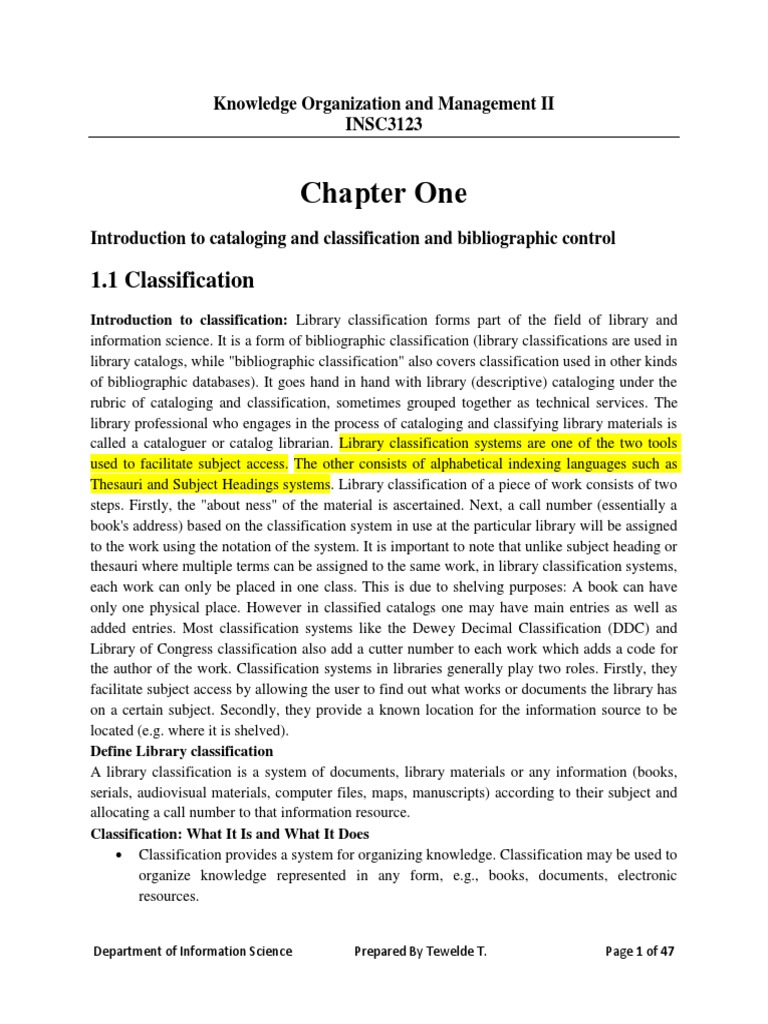 Chapter One: 1.1 Classification | PDF | Cataloging | Library Science