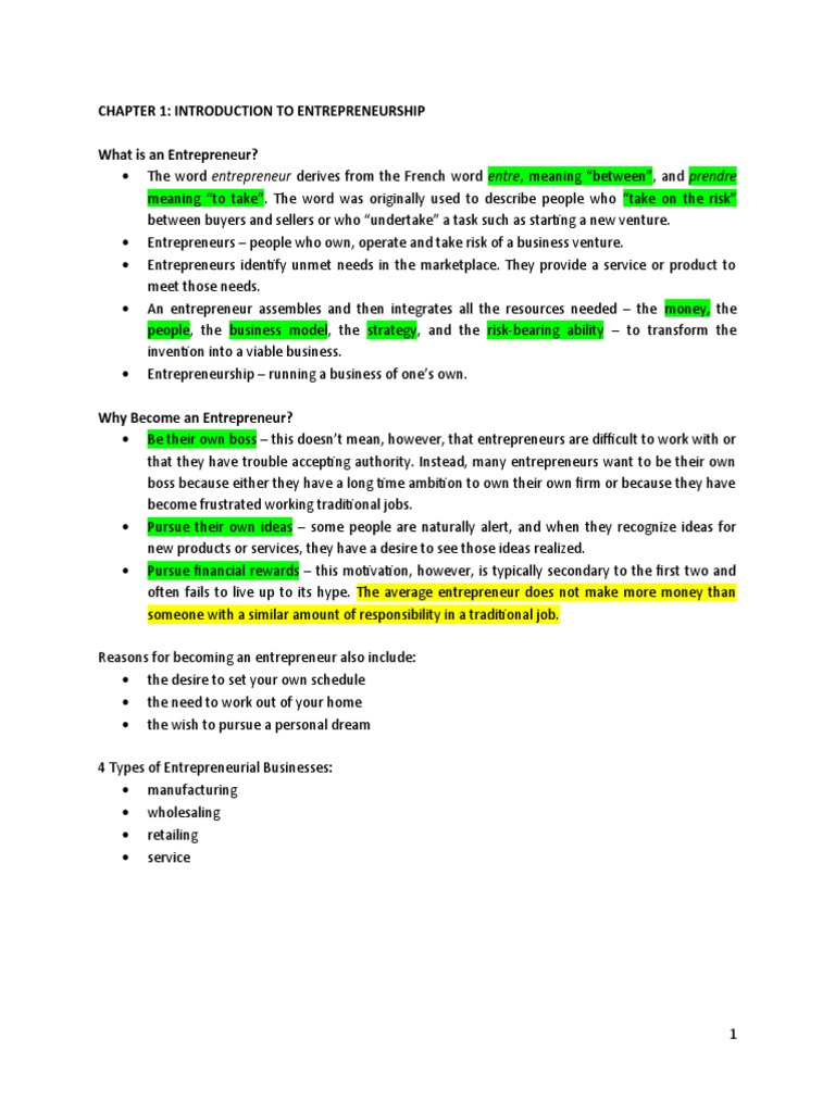 Chapter 1: Introduction To Entrepreneurship What Is An Entrepreneur ...