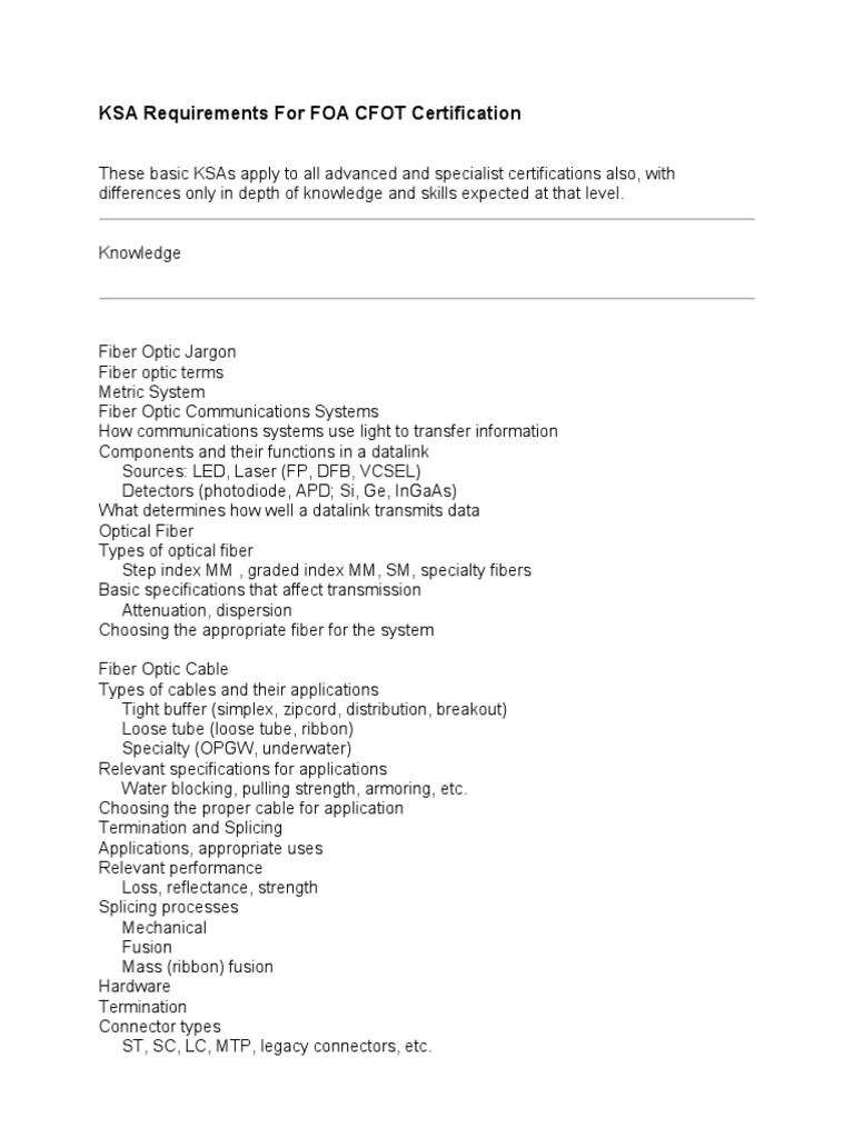 KSA Requirements For FOA CFOT Certification | PDF | Optical Fiber | Optics
