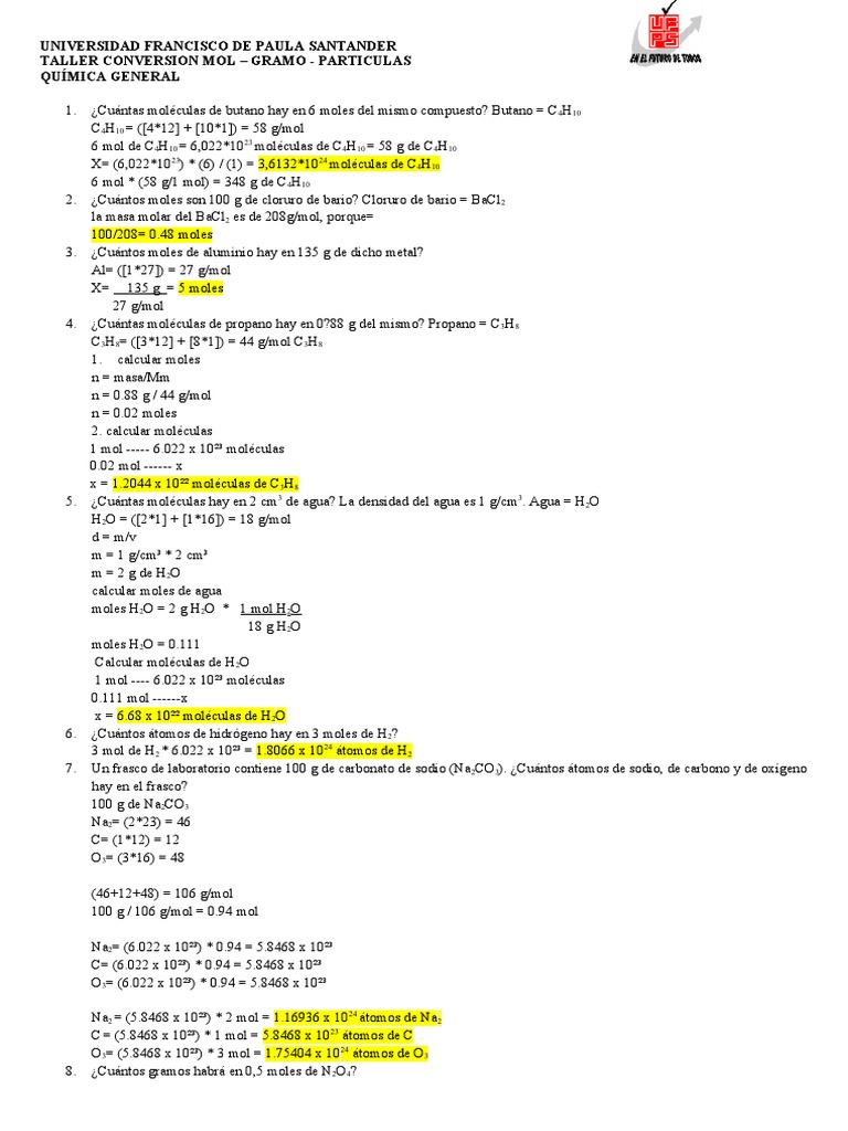 Ejercicios Moles Moleculas y Atomos | PDF | Mole (Unidad) | Propiedades ...