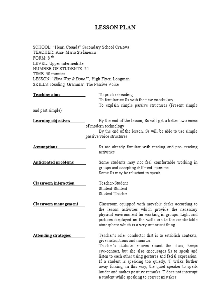 Lesson Plan: Teaching Aims | PDF | Classroom | Lesson Plan