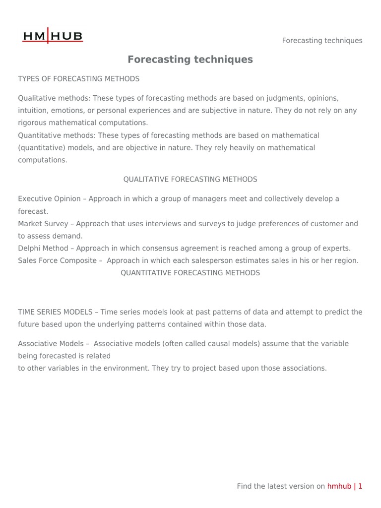 Forecasting Techniques: Hmhub - 1 | PDF