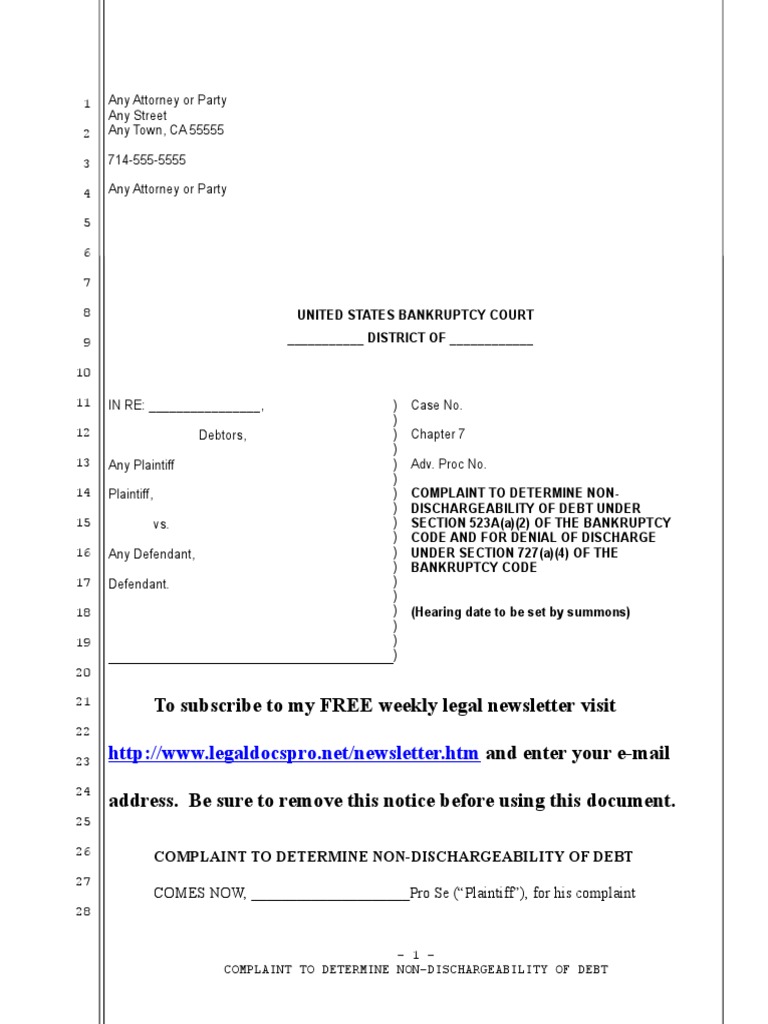 Adversary Complaint for Debt Dischargeability | PDF | Bankruptcy ...