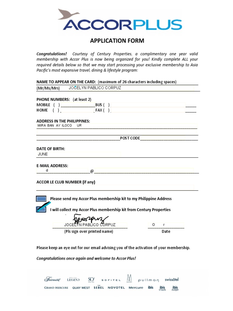 Accor Plus Membership Application Form | PDF