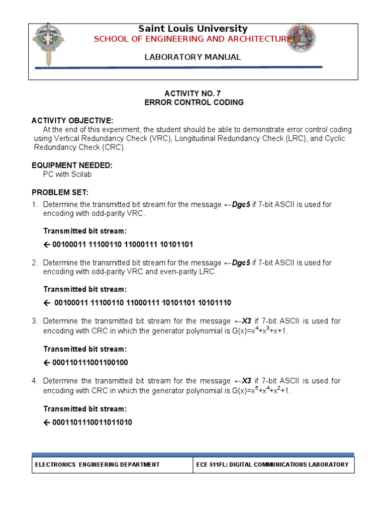 ECE511FL - Activity 7 (Error Control Coding) | PDF | Error Detection And Correction | Fault ...