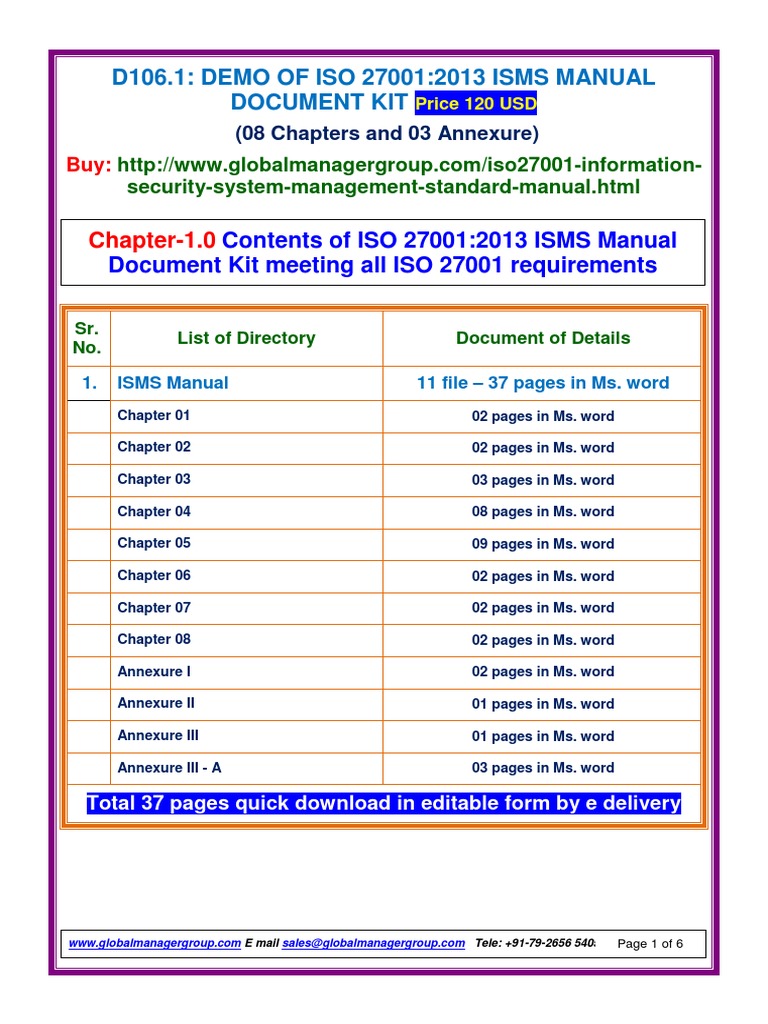ISO 27001:2013 ISMS Manual Kit | PDF | Documentation | International ...