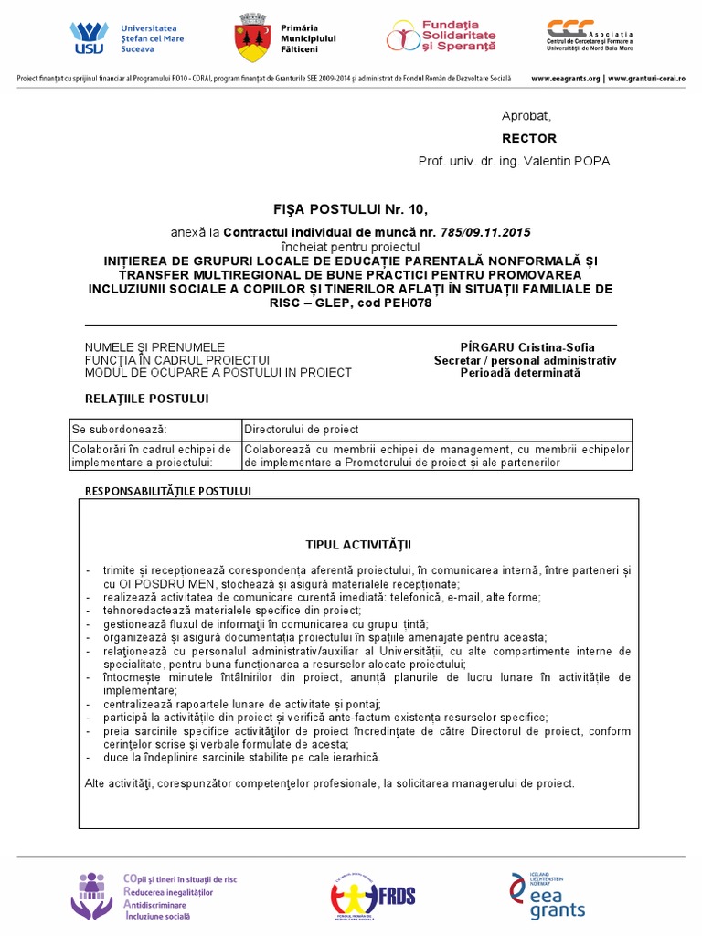 10 - Fisa Postului Secretar Proiect | PDF