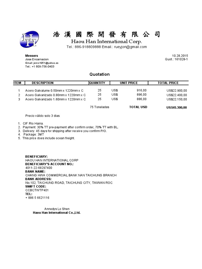 161028-1 Quotation Steel Coils | PDF