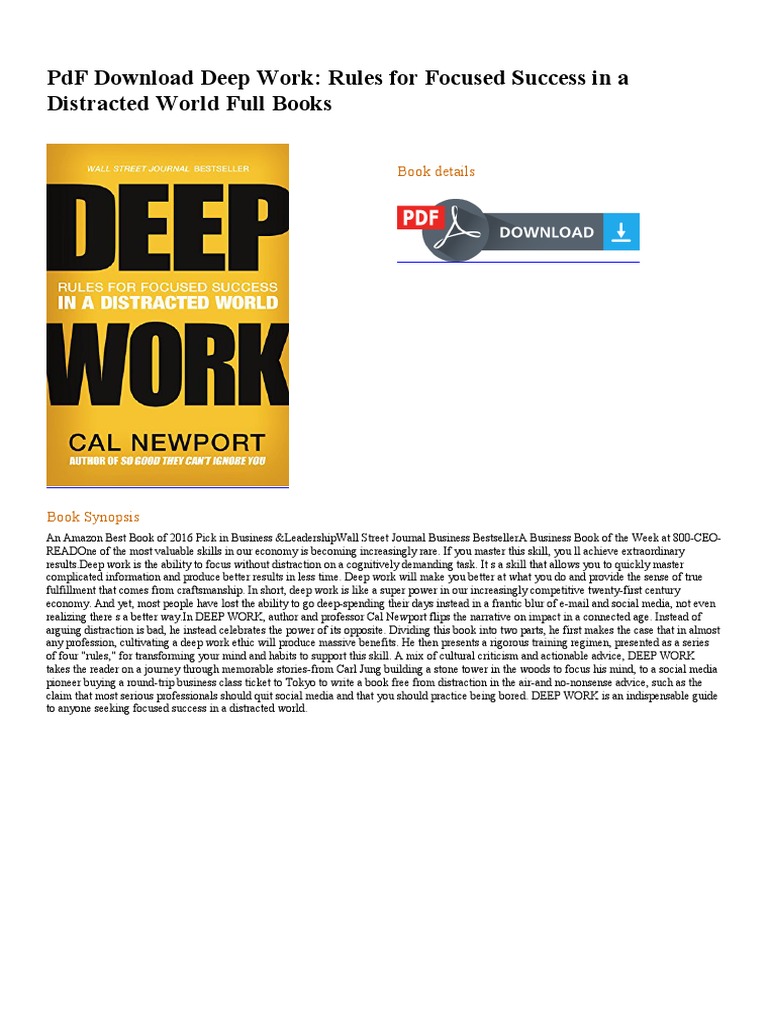 PDF Download Deep Work: Rules For Focused Success in A Distracted World ...