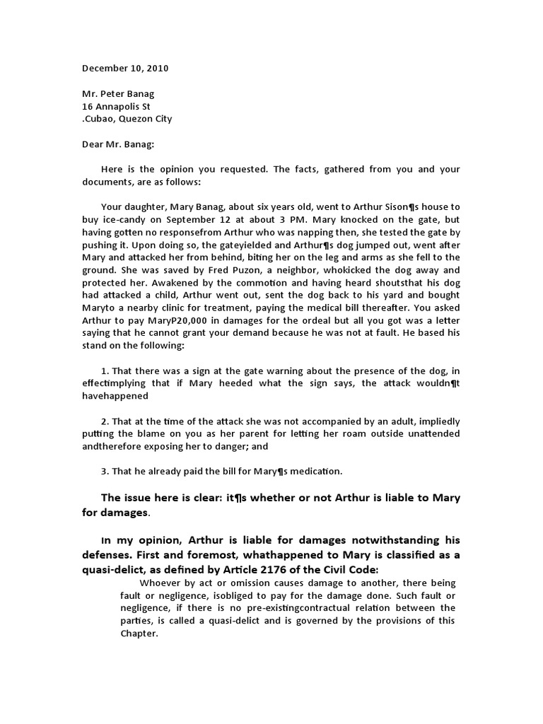 Legal Opinion on Dog Bite Liability | PDF | Negligence | Virtue