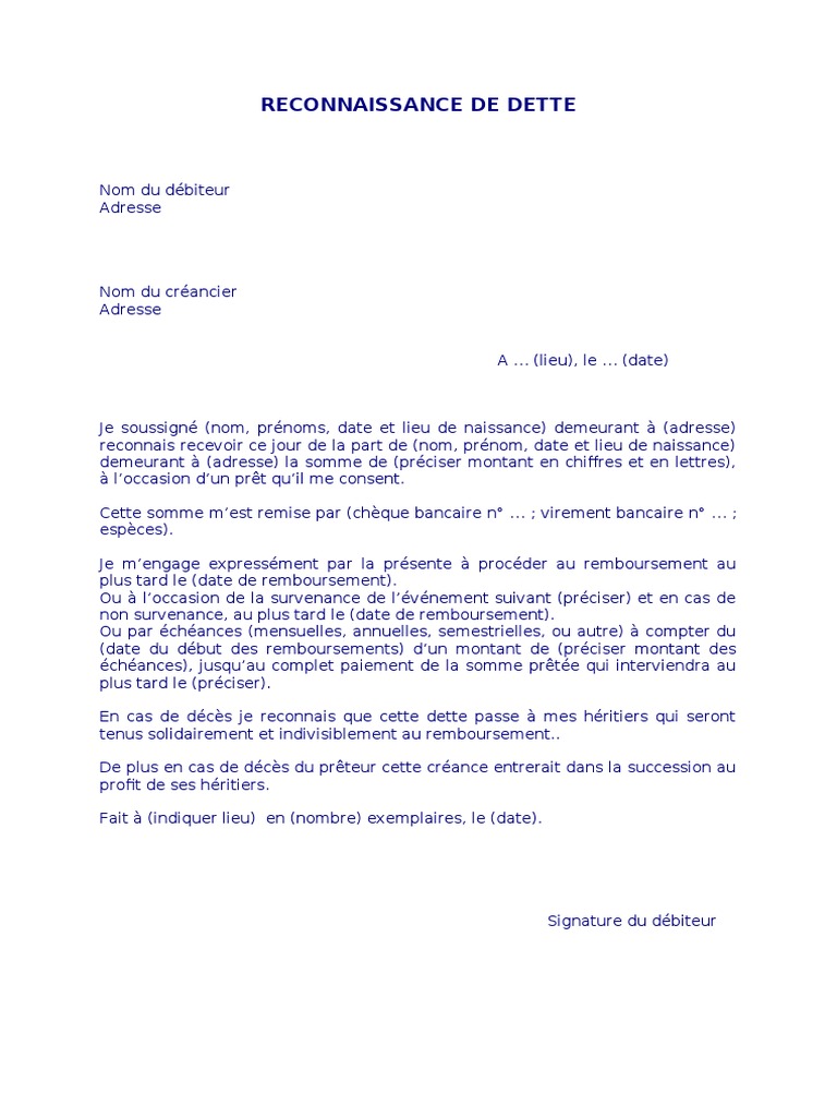 Modèle de reconnaissance de dette simple | PDF | Finance et gestion ...