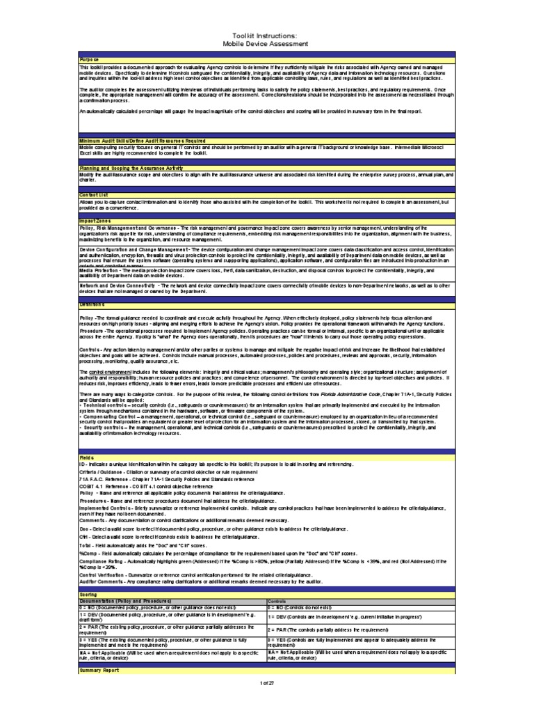 Toolkit Instructions: Mobile Device Assessment: Controls | PDF ...