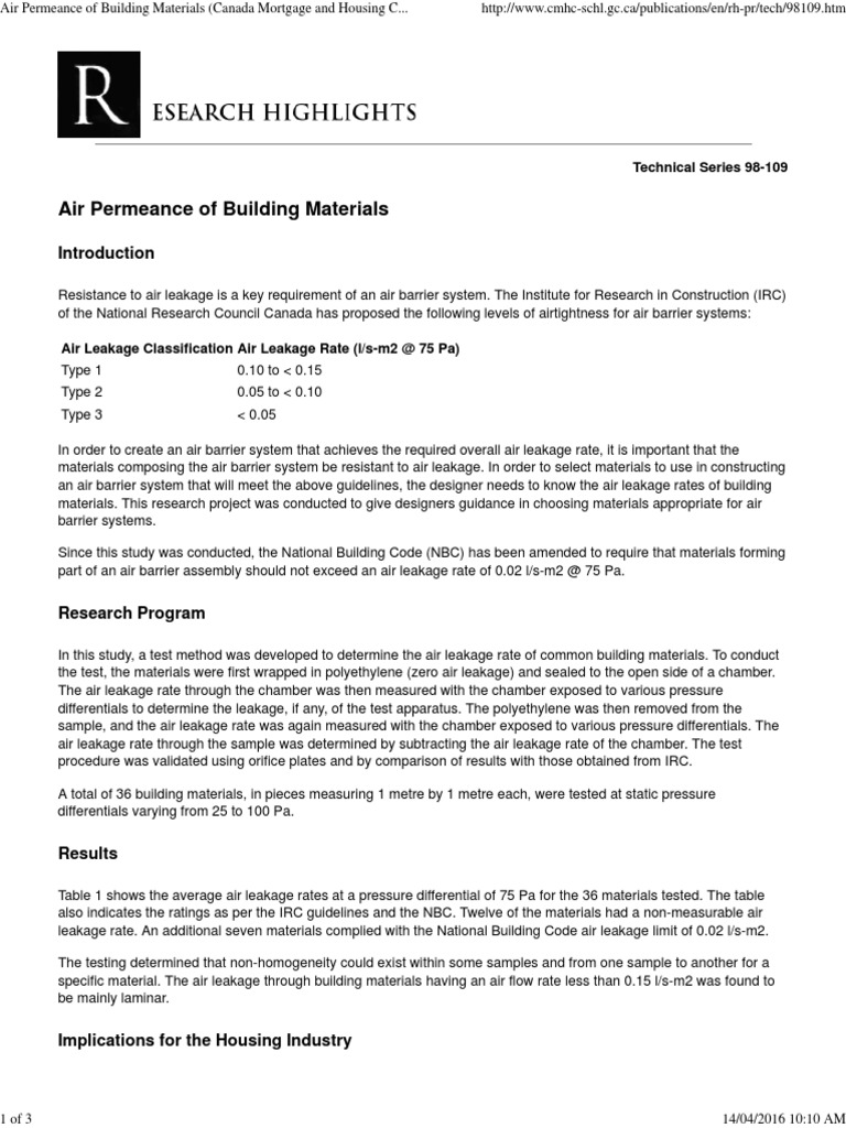 Air Permeance of Building Materials - Research Highlights | PDF ...