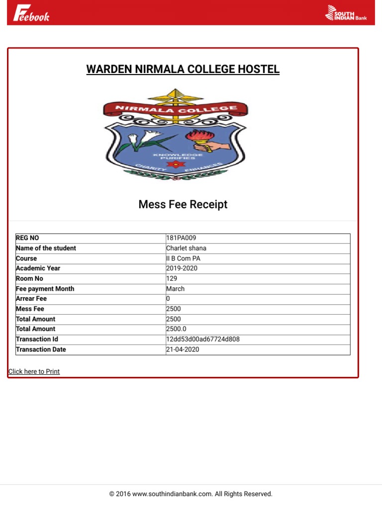 Warden Nirmala College Hostel: Mess Fee Receipt | PDF