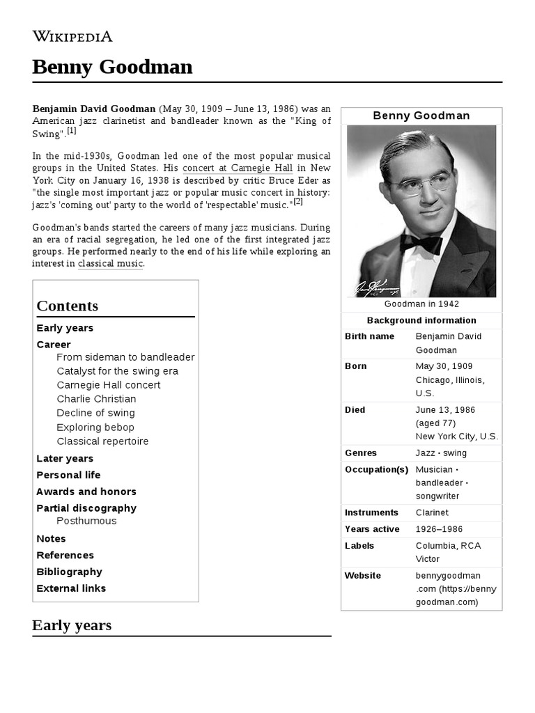 Benny Goodman: Benjamin David Goodman (May 30, 1909 - June 13, 1986 ...