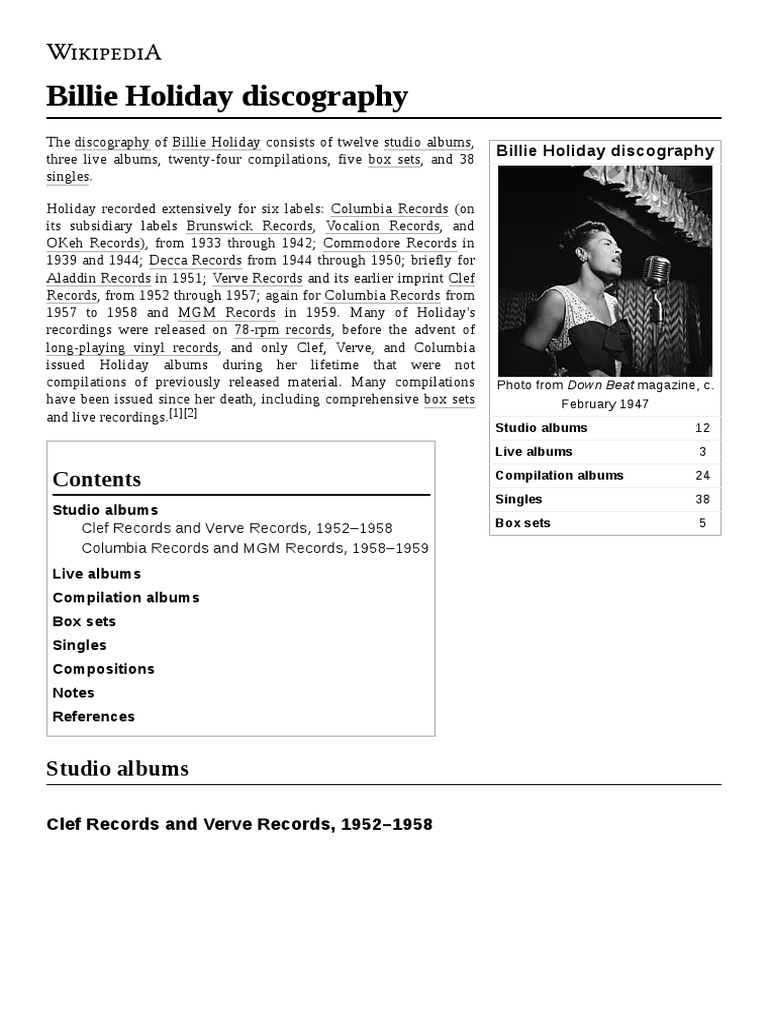 Billie Holiday Discography | PDF | Columbia Records | Jazz