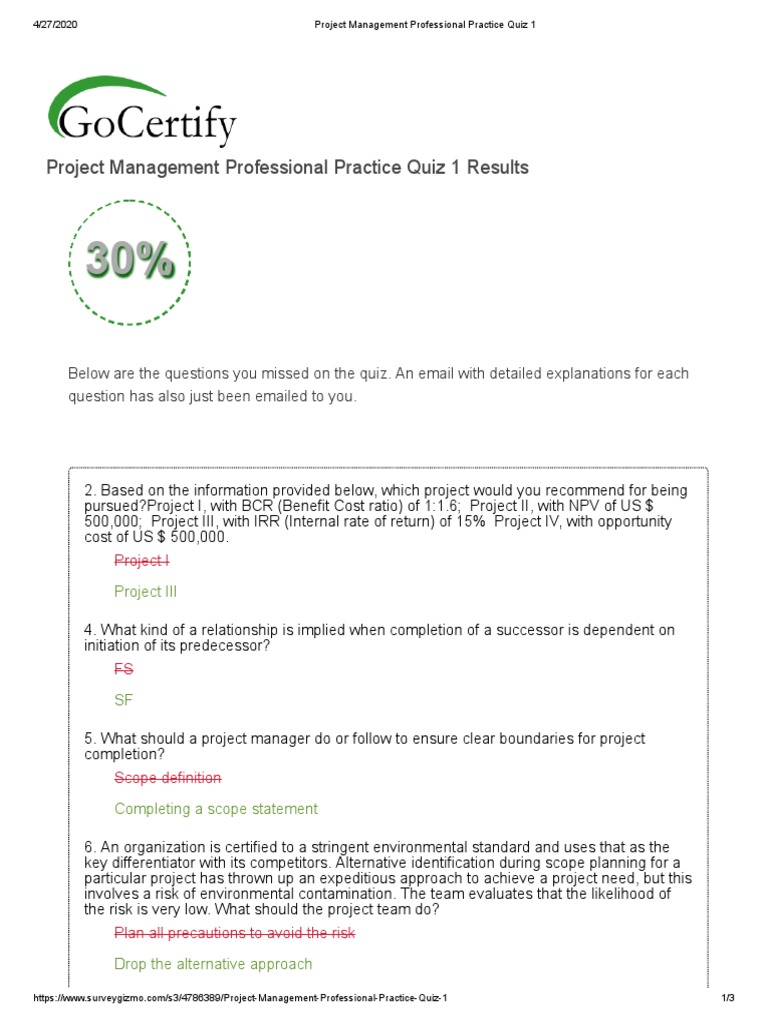 Project Management Best Practices Quiz | PDF | Project Management ...